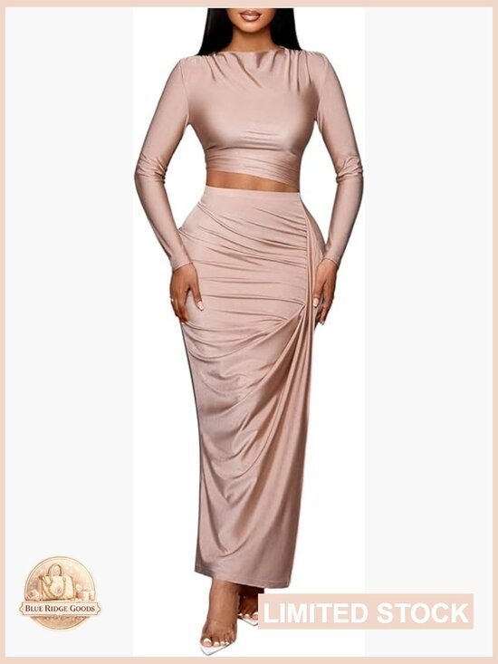 Skirts | Ruched Long Sleeve Crop Top High Slit Bodycon Maxi Skirt Set ...